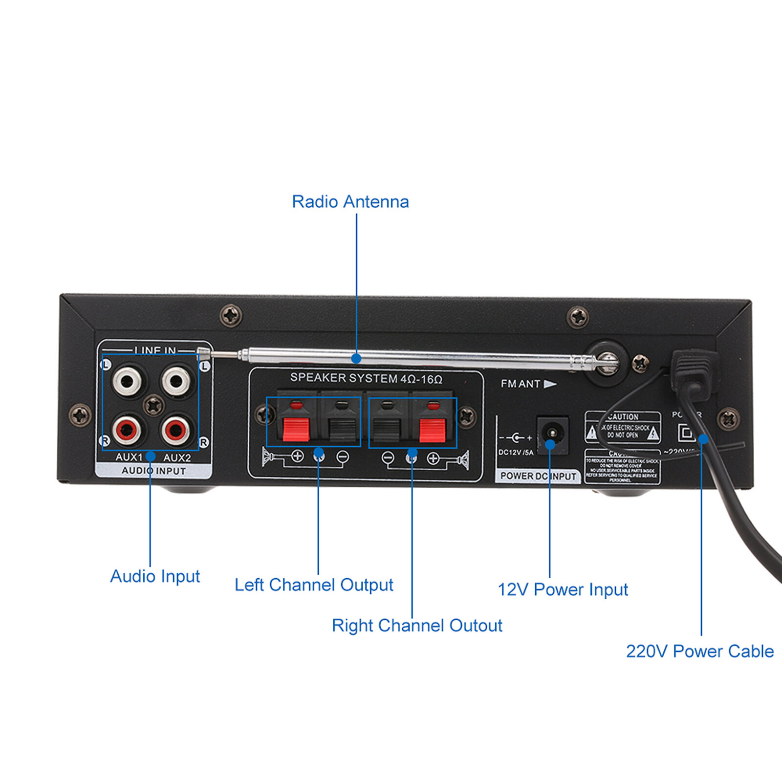 Миниусилитель звука 12В/220В с Bluetooth, USB, SD, MP3, FMрадио, LCDдисплеем, двумя входами для микр