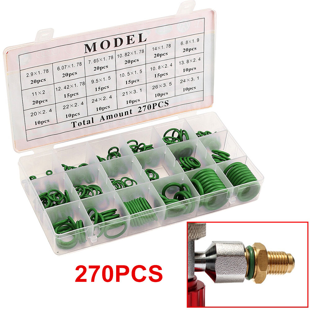 Кольца уплотнительные резиноые O-Ring 270 штук комплект для заправки R134A автомобильного кондиционера с пластиковой коробкой, цвет зеленый, фиолетовый, размер корпуса 205*102*30мм, размер упаковки 210*105*30мм, вес упаковки 173г, материал резина, форма
