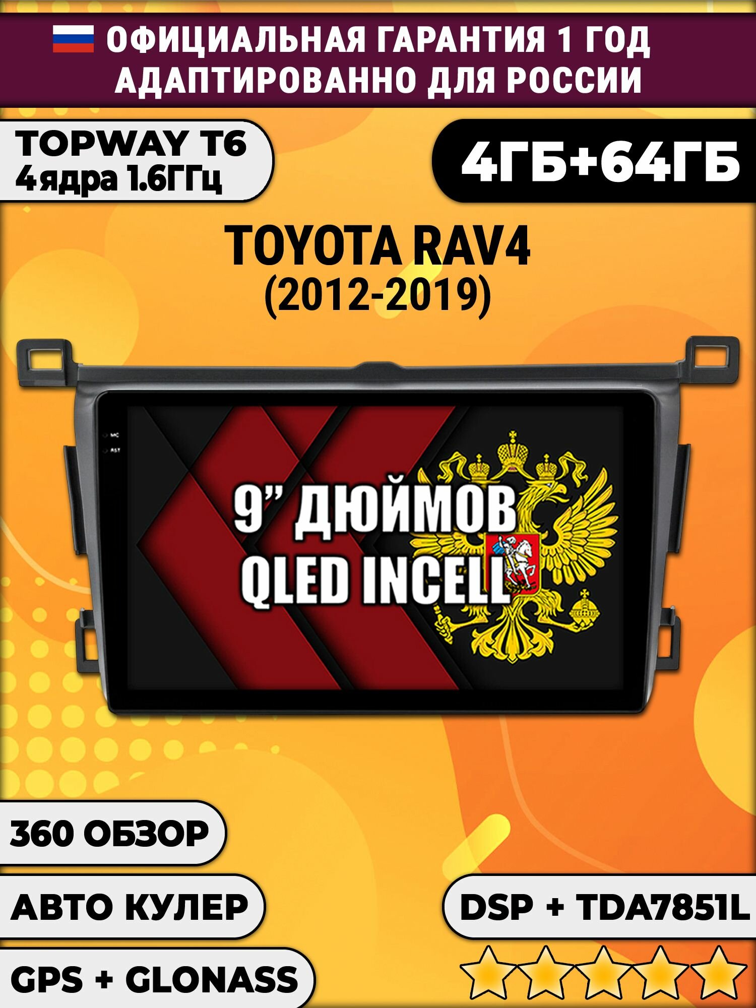 4гб+64гб с DSP для TOYOTA RAV4 (2012 2013 2014 2015 2016 2017 2018 2019) Рав RAV-4, Android магнитола, без слота под симку, усилитель звука TDA7851 и поддержка 360 камер