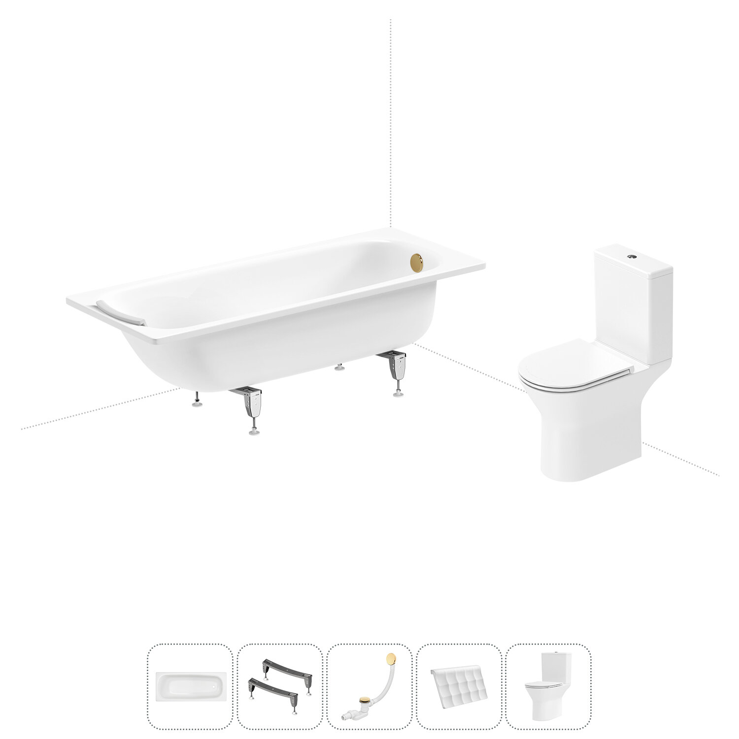 Стальная ванна 170х70 Sanitana BLB Universal 20220728R в наборе 5 в 1: металлическая ванна 170 х 70 см с шумоизоляцией, ножки, слив-перелив, подголовник, унитаз