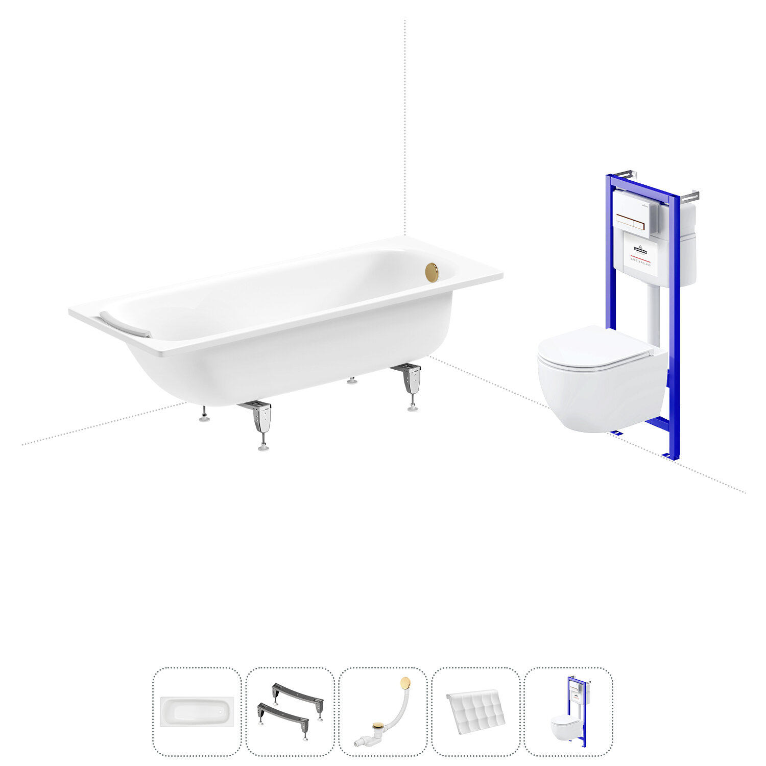 Стальная ванна 170х75 Sanitana BLB Universal 20220848R в наборе 5 в 1: металлическая ванна 170 х 75 см с шумоизоляцией, ножки, слив-перелив, подголовник, инсталляция с унитазом