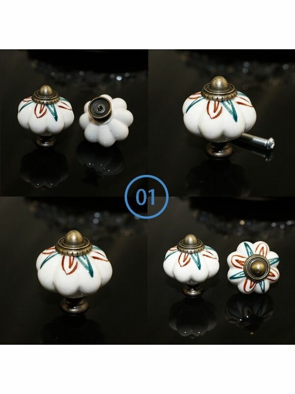 Ручки керамические с цветочным принтом винтаж: 6 штук, ручная роспись, ретро стиль для мебели