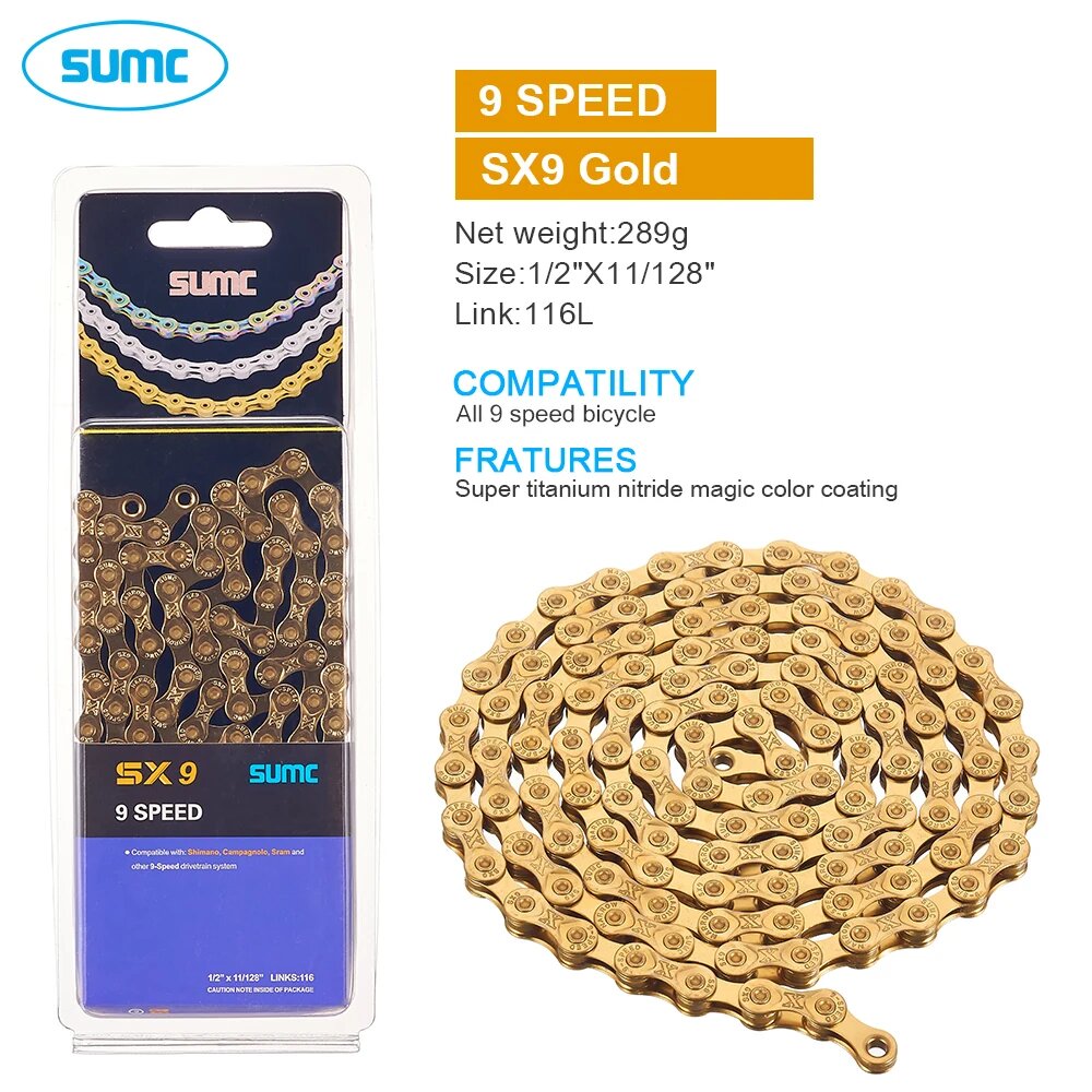 SUMC Велосипедная цепь 9 10 11 12 скоростей 9s 10s 11s 12s Титановая сверхлегкая цепь MTB для горного шоссейного велосипеда Золотая Радужная велосипедная цепь