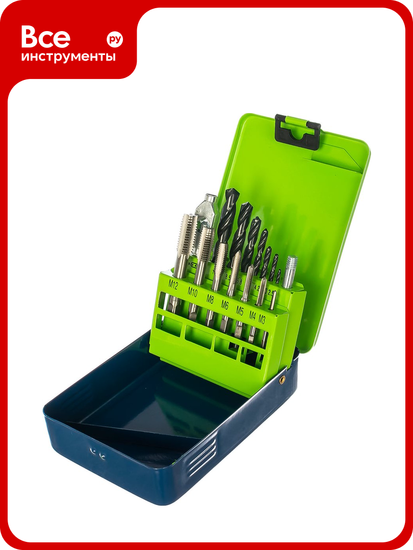 Набор сверл и метчиков 15шт СИБРТЕХ 77305, металл, с помощью сверл