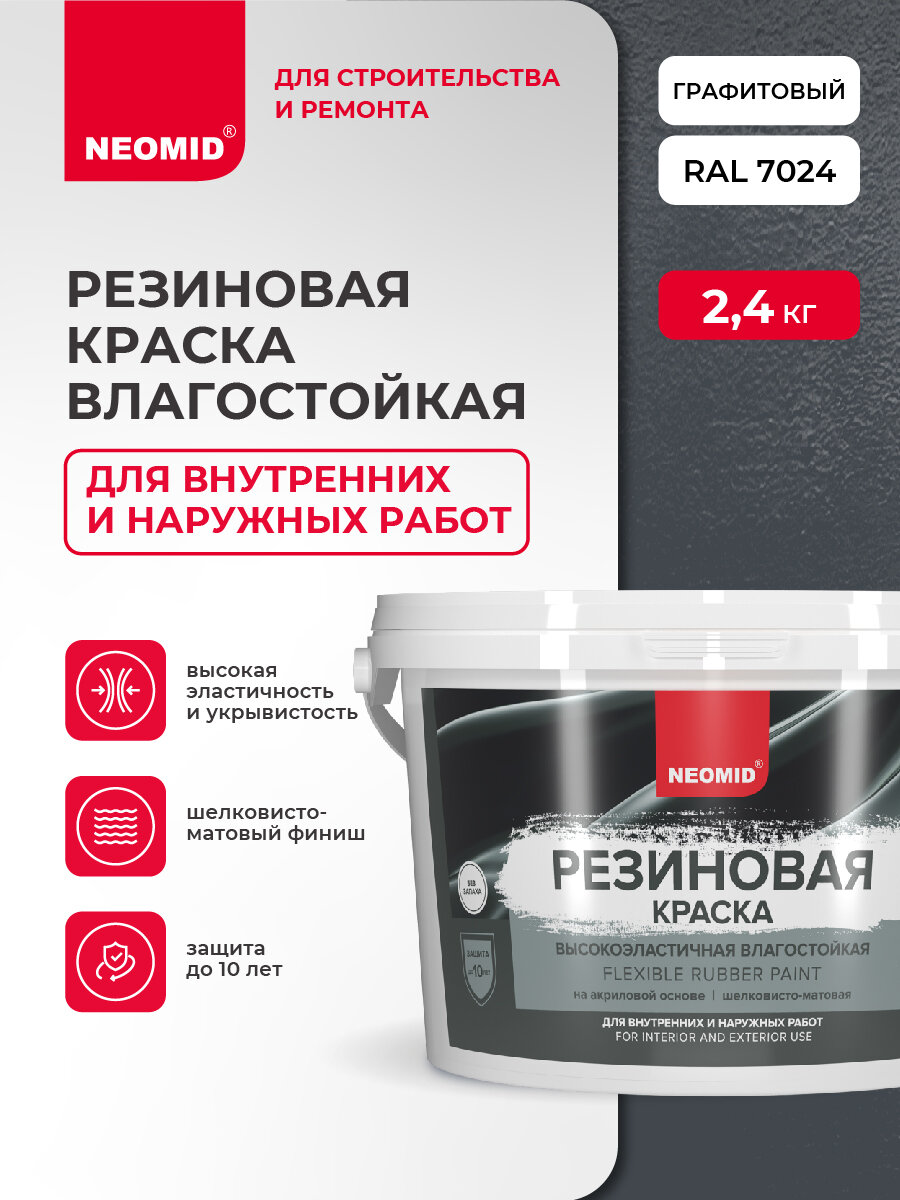 Резиновая краска NEOMID Графит (2,4 кг) / Для фасадов, для стен и потолков в помещениях повышенной влажности