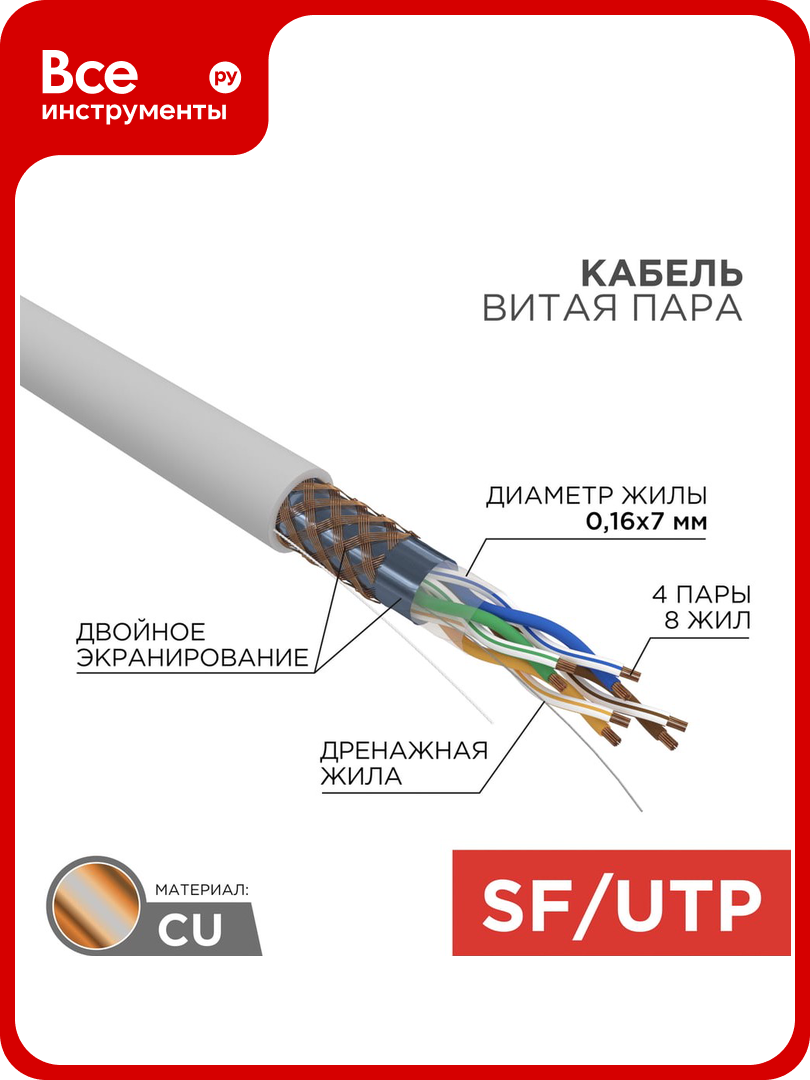 Кабель витая пара REXANT SF/UTP, CAT 5e, 4PR, 24AWG, INDOOR, STRANDED, серый, 305 м 01-0343