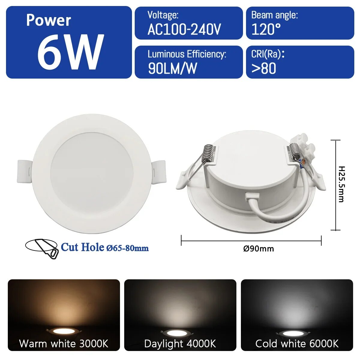 Светодиодная панель 6W, 120°, Daylight 4000K, >80 CRI