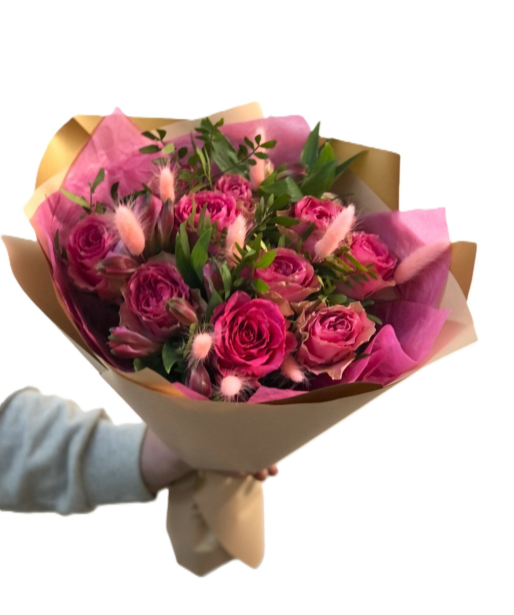 Букет Розовые мечты, роза, альстромерия, лагурус, фисташка, 40см