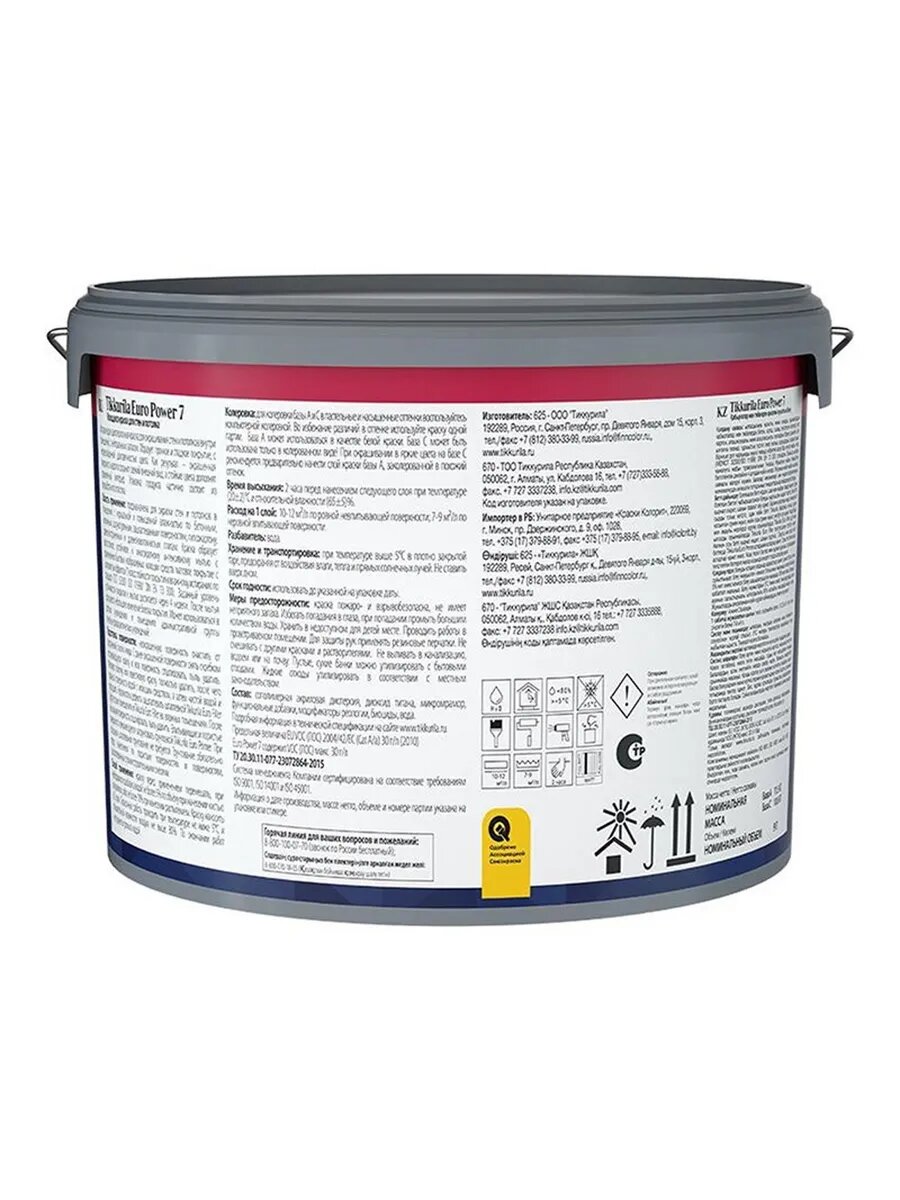 Краска Tikkurila Euro Power, моющаяся, матовая, цвет белый, 9 л