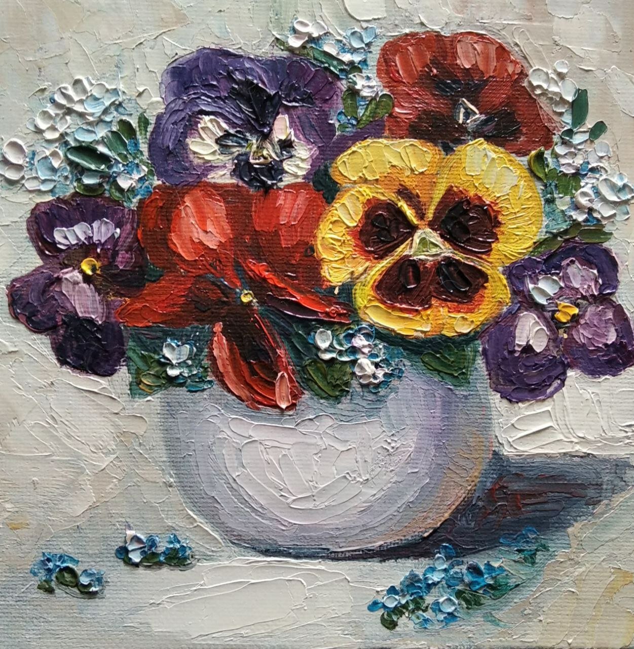 Картина Маслом Холст на Картоне Размеры 15x15 см Яркий Цветочный Букет Импрессионизм