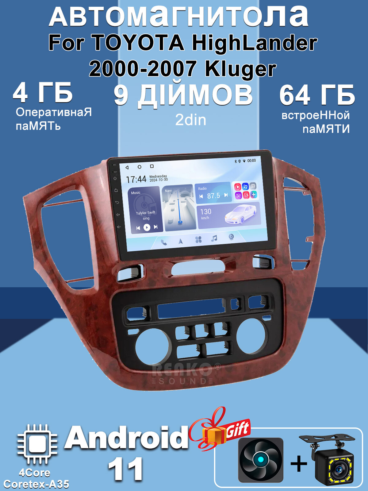 Штатная Магнитола для TOYOTA HighLander 2000-2007, Kluger , с камерой заднего вида. QLED экран 9 дюймов, Wifi 2din с сенсорным экраном, usb и блютузом