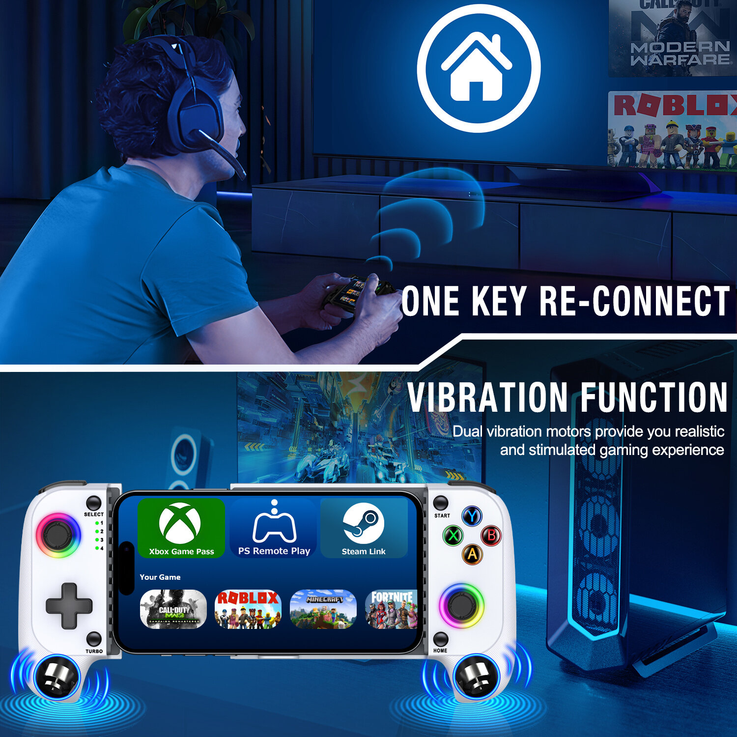 Эргономичный беспроводной игровой контроллер с RGB-подсветкой для iPhone/Android – перезаряжаемый беспроводной мобильный геймпад-аксессуар