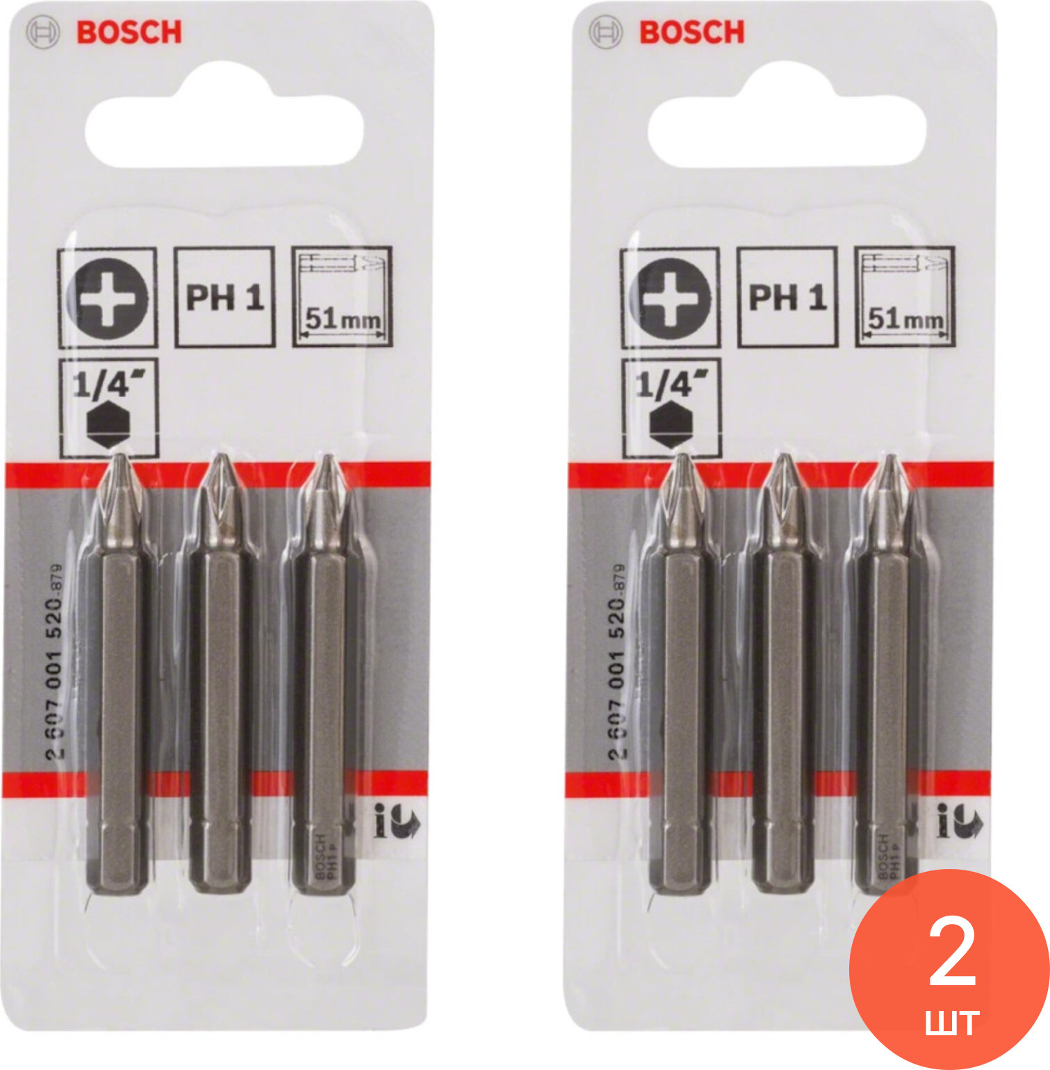 Набор бит для шуруповерта Bosch односторонние, из стали S2, наконечник PH1, длина 51мм, в упаковке 3шт. / инструменты (комплект из 2 шт)