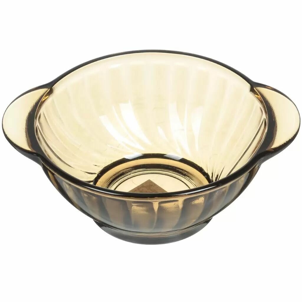 Бульонница КНР из стекла, 510 мл, с ручкой и ушками, дымчатая, рифленая