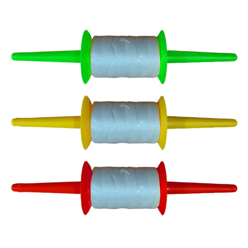 3 катушки для воздушного змея длиной около 150 метров - красный, зеленый, желтый