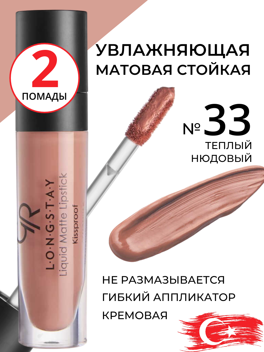 Стойкая матовая увлажняющая помада жидкая для губ Golden Rose Longstay Liquid Matte Lipstick кремовая, не размазывается на губах с гибким аппликатором тон 33, набор помад 2 штуки