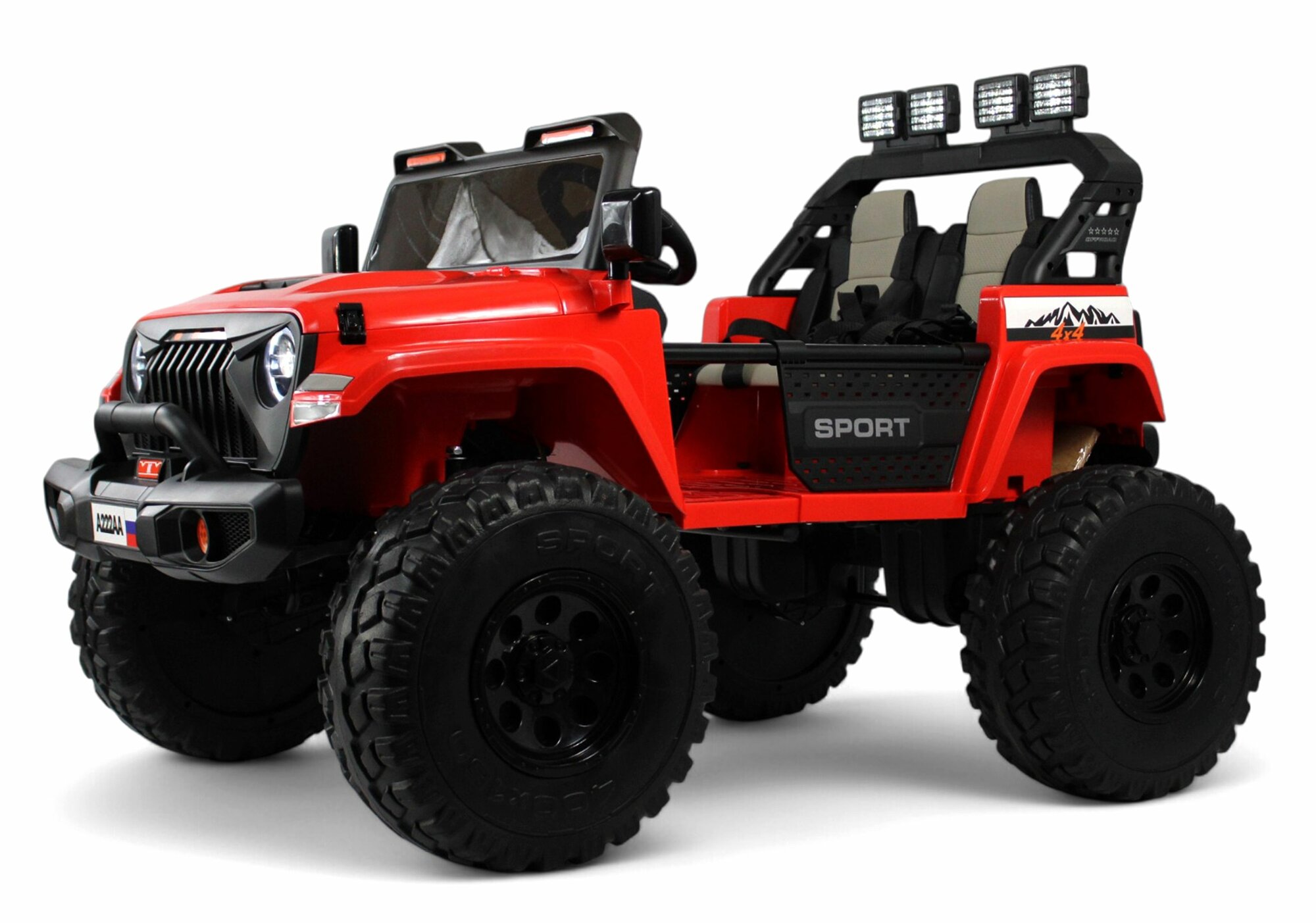 Детский электромобиль RiverToys Jeep A222AA, с дистанционным управлением, полноприводный, двухместный красный