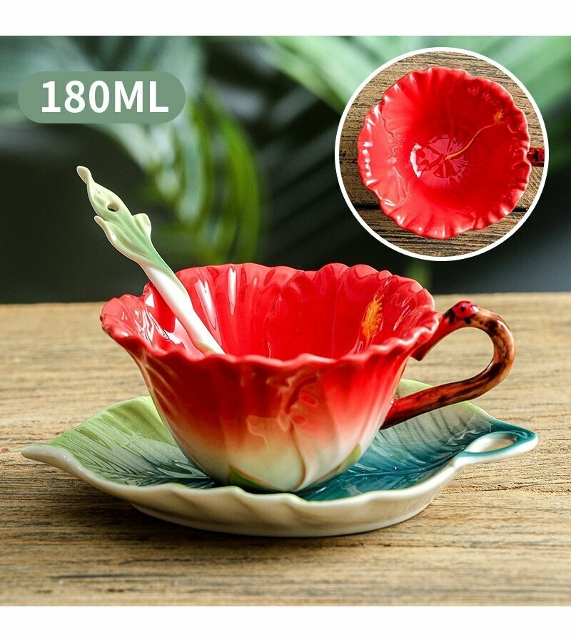 Китайская керамическая кофейная чашка в форме цветка + подставка в виде листа 180 мл