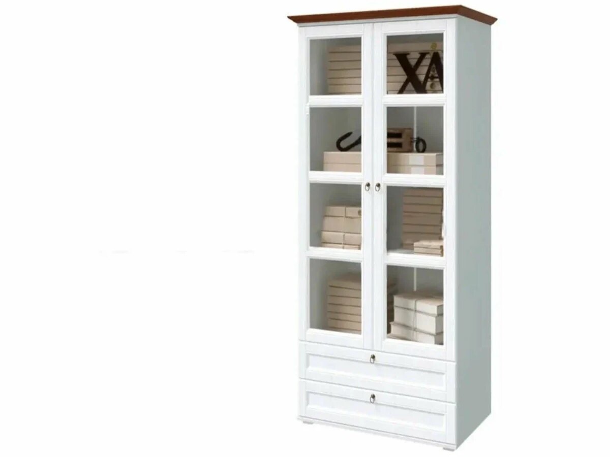 Шкаф со стеклом, Белый матовый с отделкой Орех, с фасадами МДФ