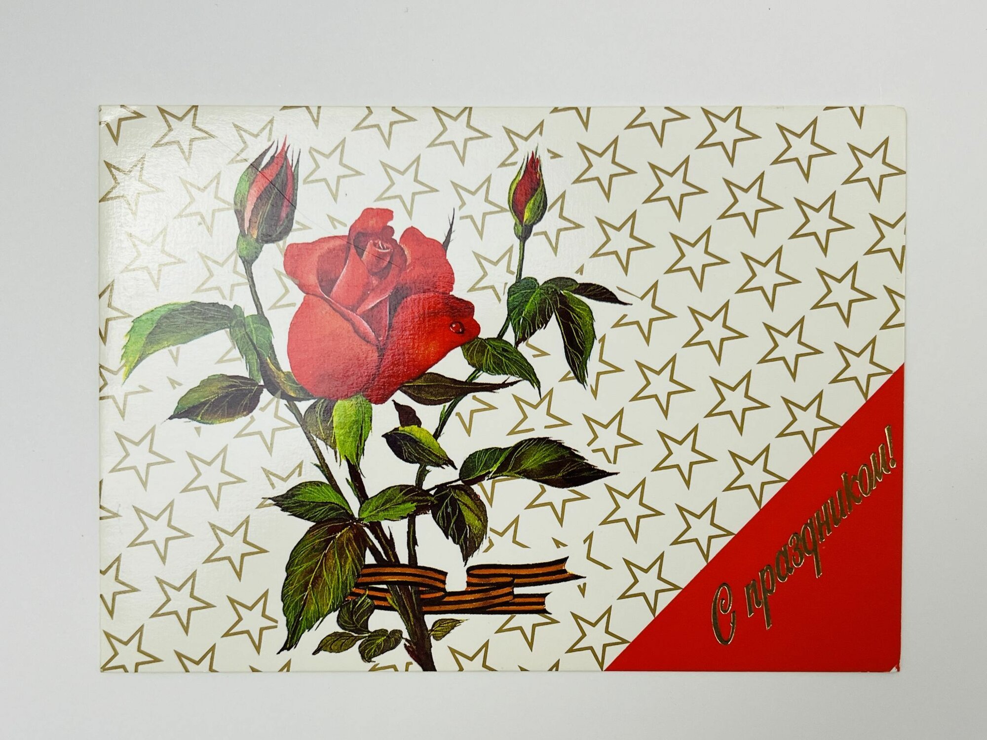 С праздником! Цветы и георгиевская ленточка. Двойная. Открытка. Чистая