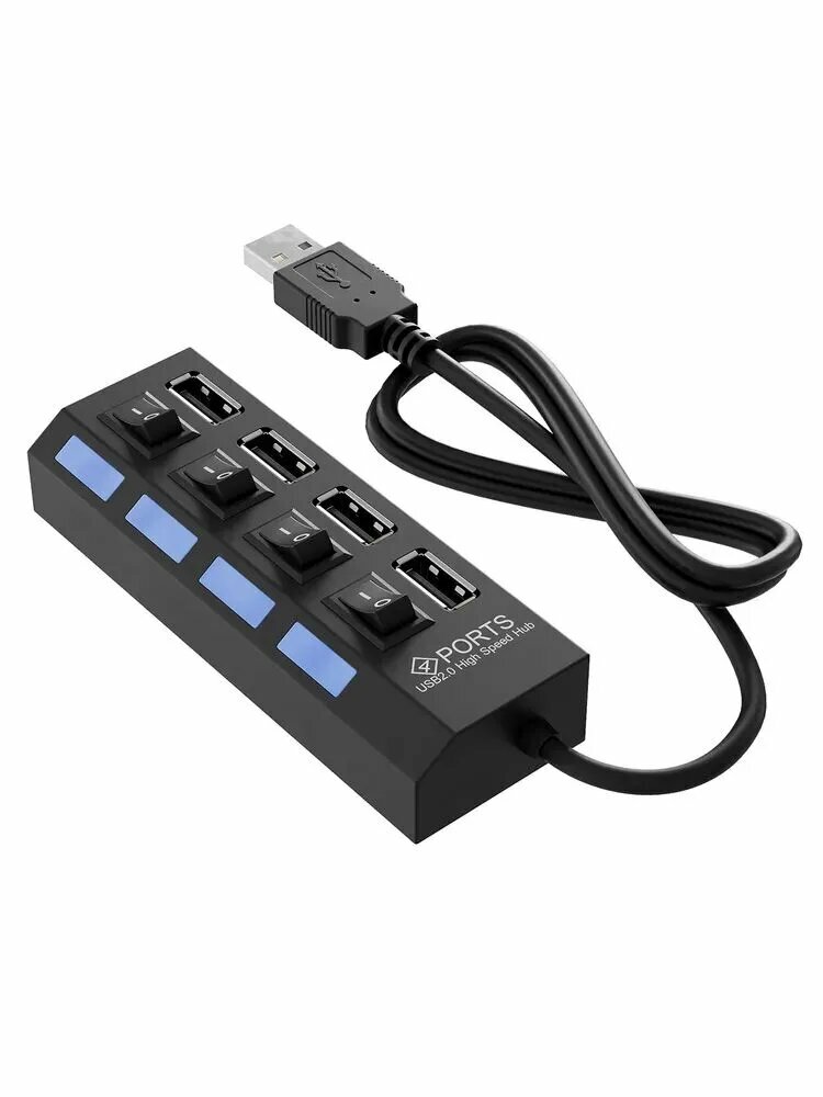 USB - концентратор, разветвитель, хаб на 4 порта с выключателем (1А, 5 В, USB 2.0) переходник, адаптер (Черный)