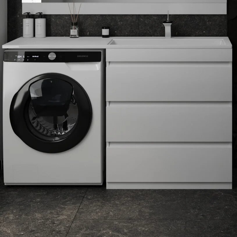 Тумба с раковиной Style Line Даллас 140 под стиральную машину, напольная, 140, 2 см, белая, глянцевая, из МДФ, с ящиками, раковина для ванной из камня, прямоугольная