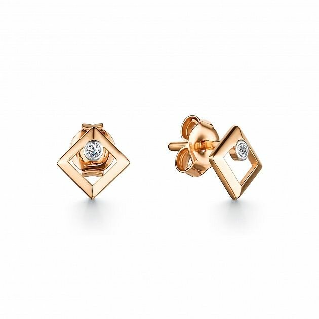 Серьги пусеты, красное золото, 585 проба, бриллиант
