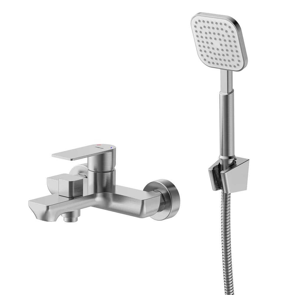 Смеситель для ванны с душем Milardo Maze MAZBN00M02 с душевым гарнитуром, настенный, однорычажный, матовый, из нержавеющей стали, с керамическим картриджем