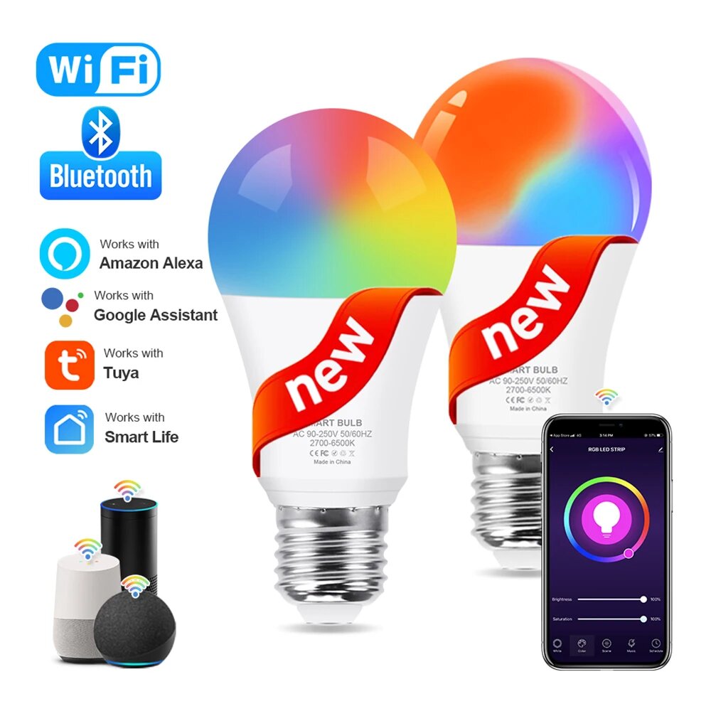 Coolo умная светодиодная лампа E27 RGB+CW+WW 15Вт Bluetooth, 1 шт, 220V