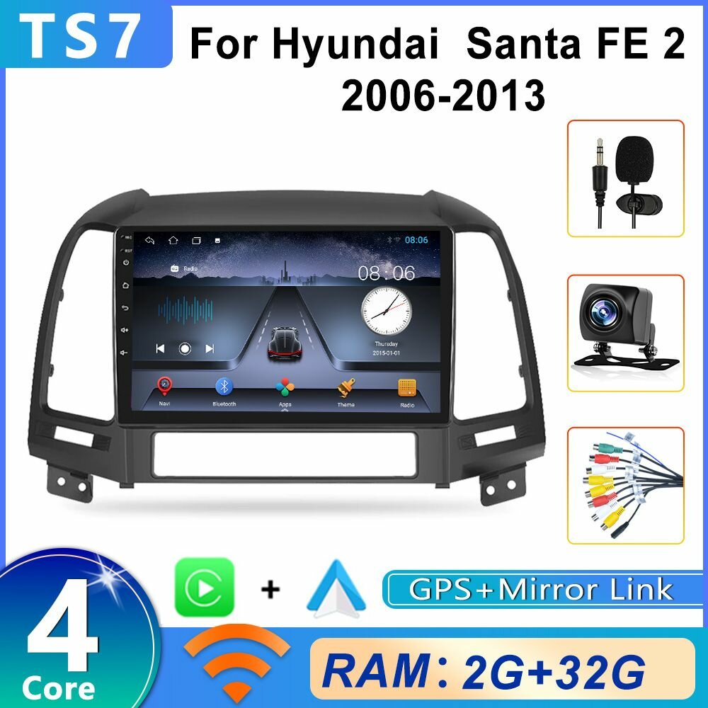 Автомагнитола для Hyundai Santa Fe 2 2006-2012 Автомагнитола Android TS7 2+32 Carplay , Bluetooth, WiFi, IPS экран, FM, Сенсорные кнопки