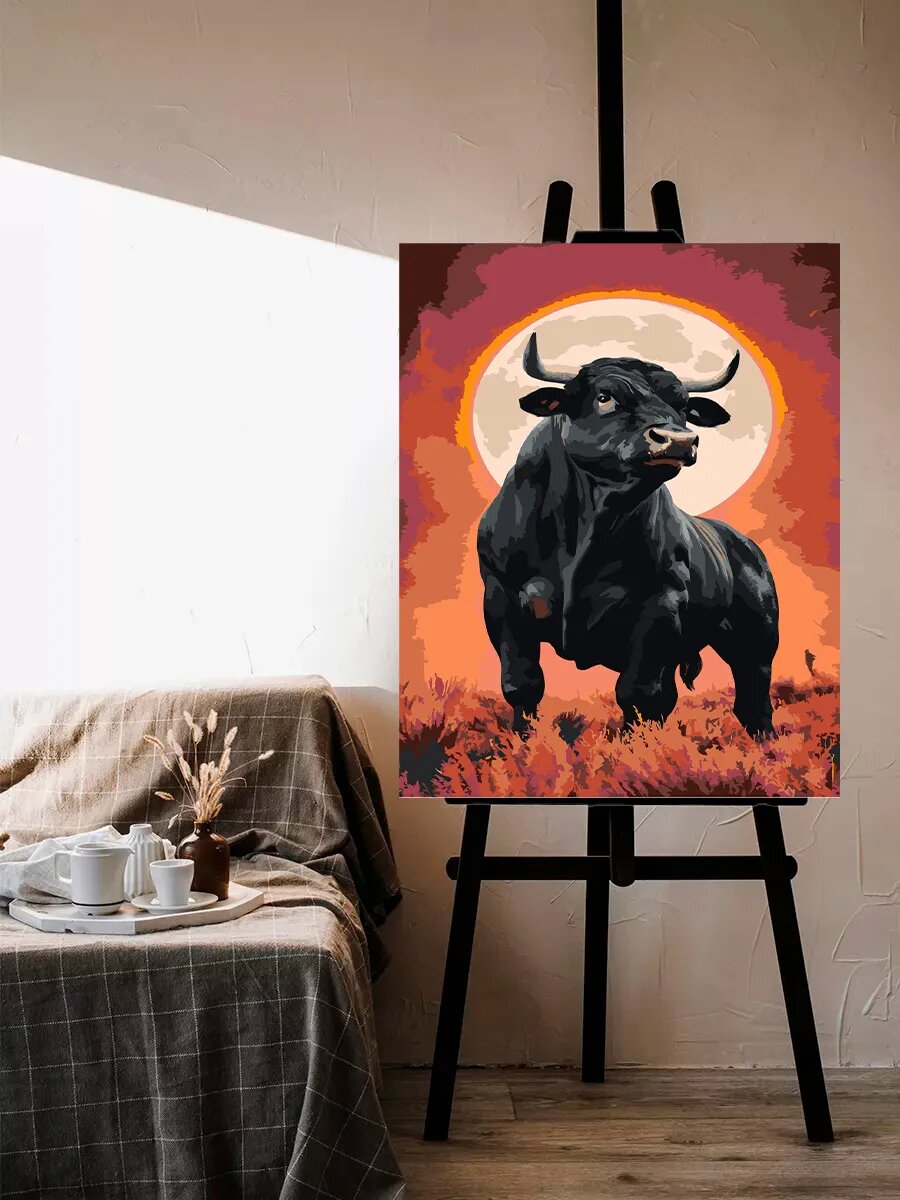 Картина по номерам Мультяшный Бык Закат Животное