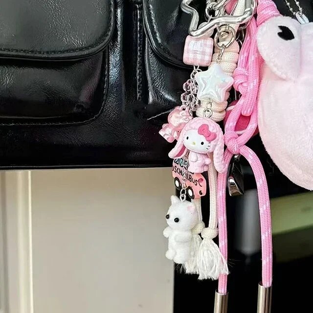 Брелок Sanrios Silver Hellokittys Y2K, подвеска для сумки, летний плетеный верёвочный рюкзак, брелок, ювелирные изделия, аксессуары, подарок для девочек,