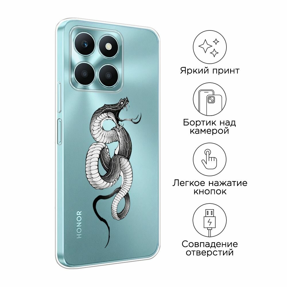 Чехол на Honor X6A / Хонор X6A с принтом Монохромная змея рисунок, прозрачный — фото 1