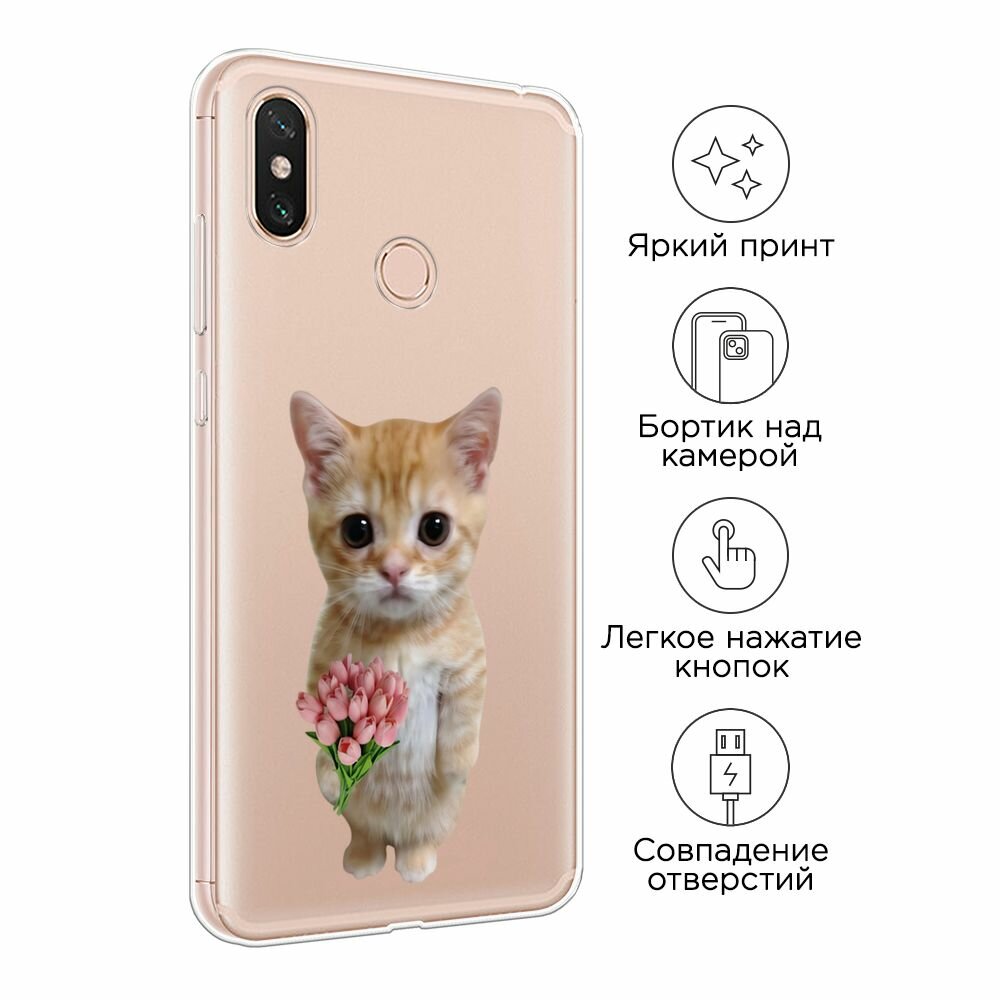 Чехол на Xiaomi Mi Max 3 / Сяоми Ми Макс 3 с принтом "Котик с букетом тюльпанов - 8 марта", прозрачный — фото 1
