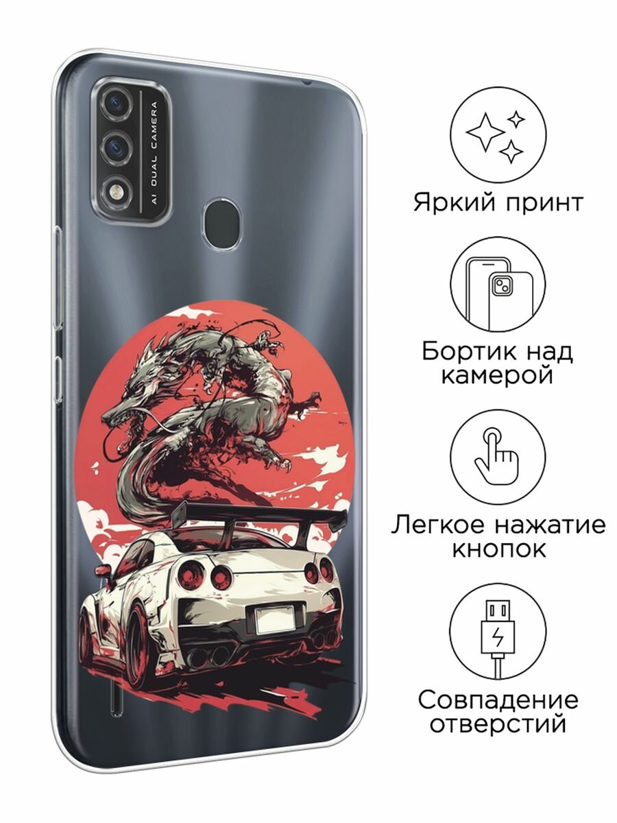 Чехол на Itel A48 / Ител А48 с принтом "Car and dragon", прозрачный — фото 1