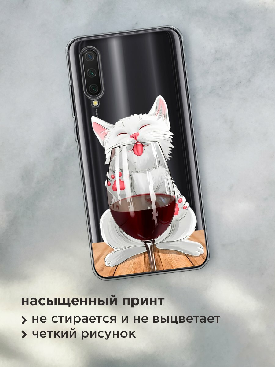 Чехол на Xiaomi Mi CC9/A3 Lite/9 Lite / Сяоми Mi CC9/A3 Lite/9 Lite с принтом "Кот с бокалом", прозрачный — фото 1