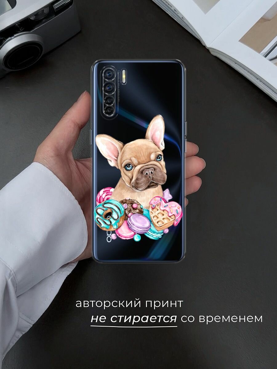Чехол на Oppo A91/Reno 3 / Оппо A91/Рено 3 с принтом "Бульдог и сладости", прозрачный — фото 1