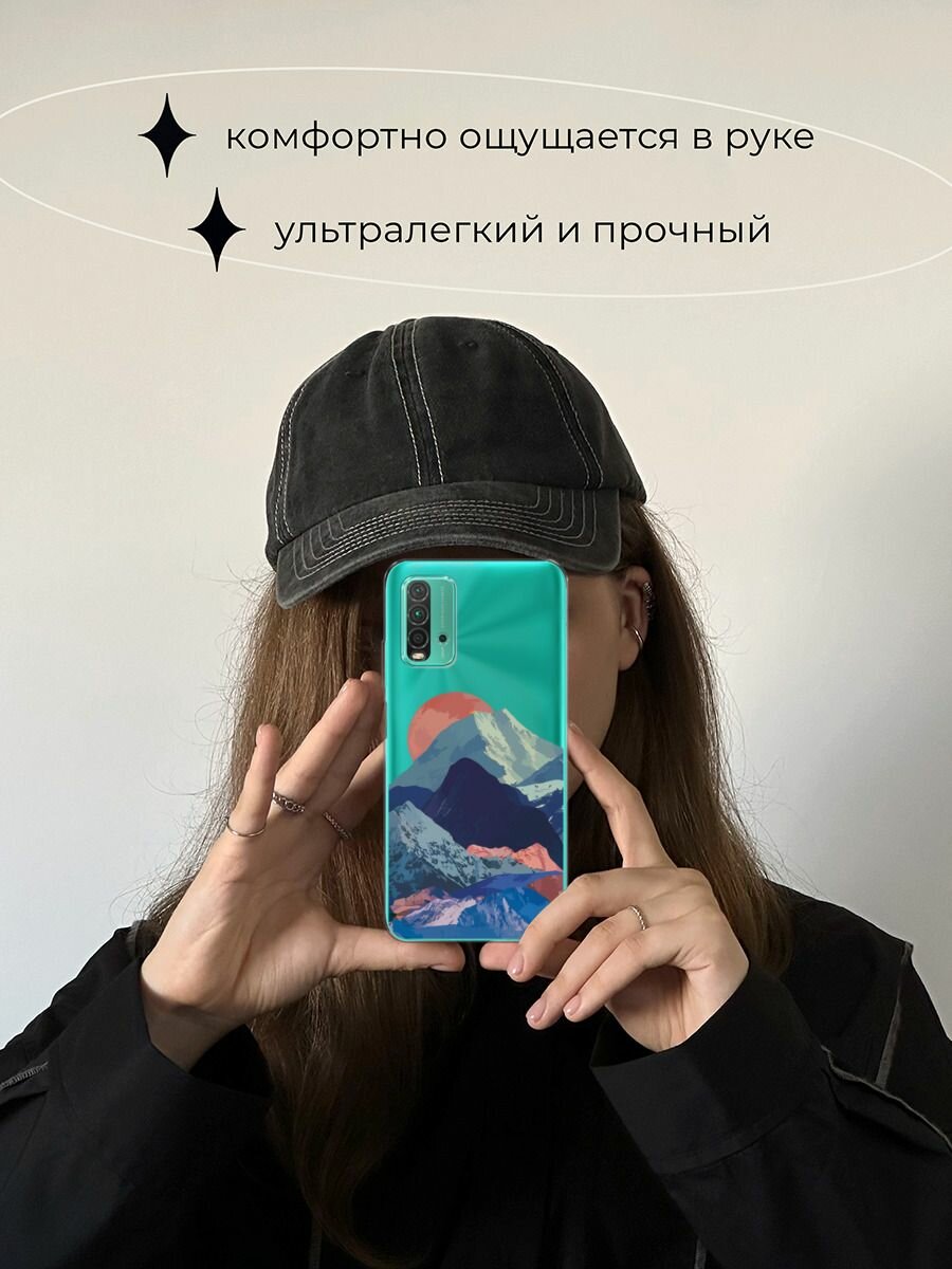 Чехол на Xiaomi Redmi 9T / Сяоми Редми 9Т с принтом "Закат в снежных горах", прозрачный — фото 1