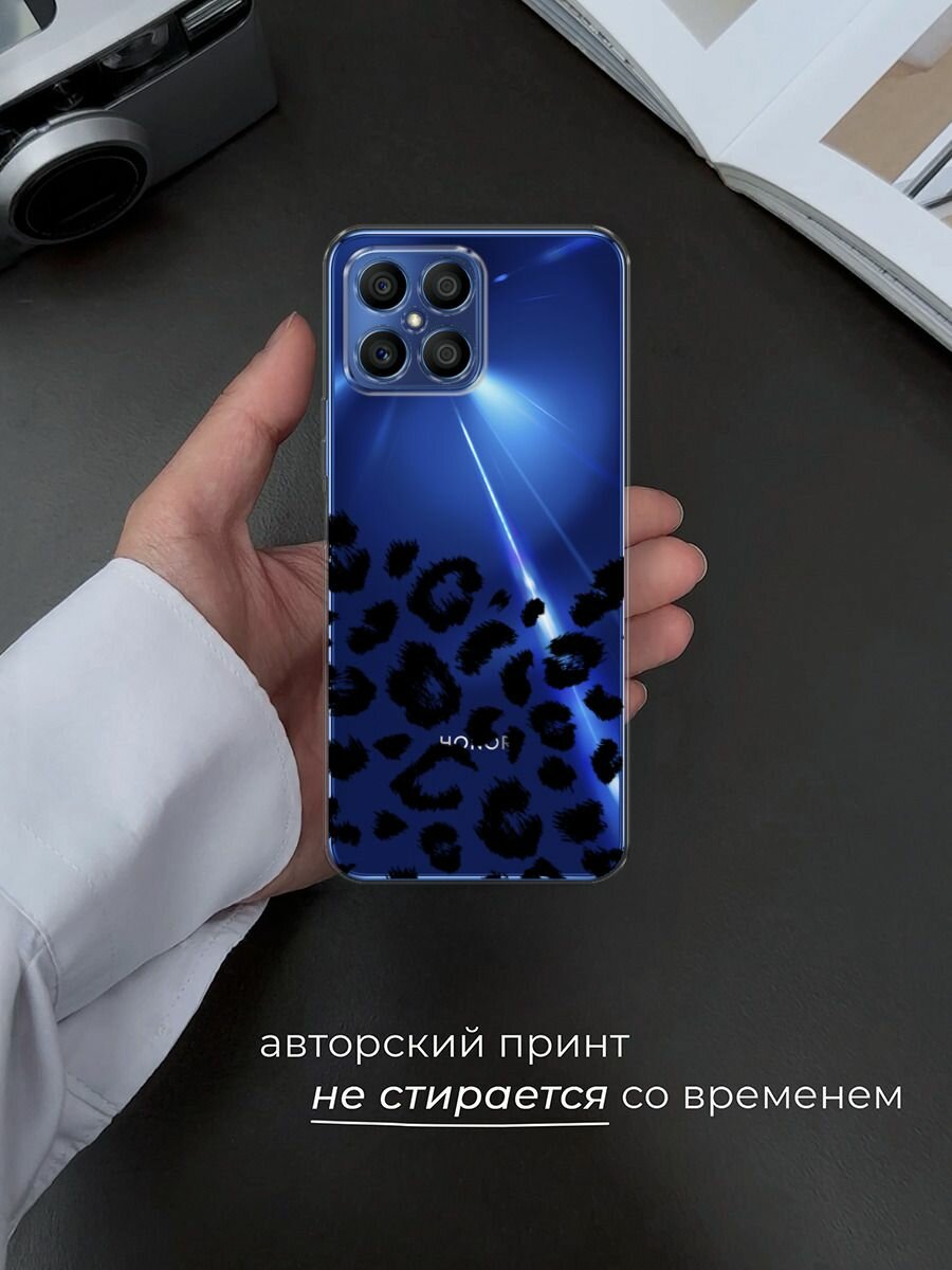 Чехол на Honor X8 / Хуавей X8 с принтом "Окрас леопарда фон черный", прозрачный — фото 1