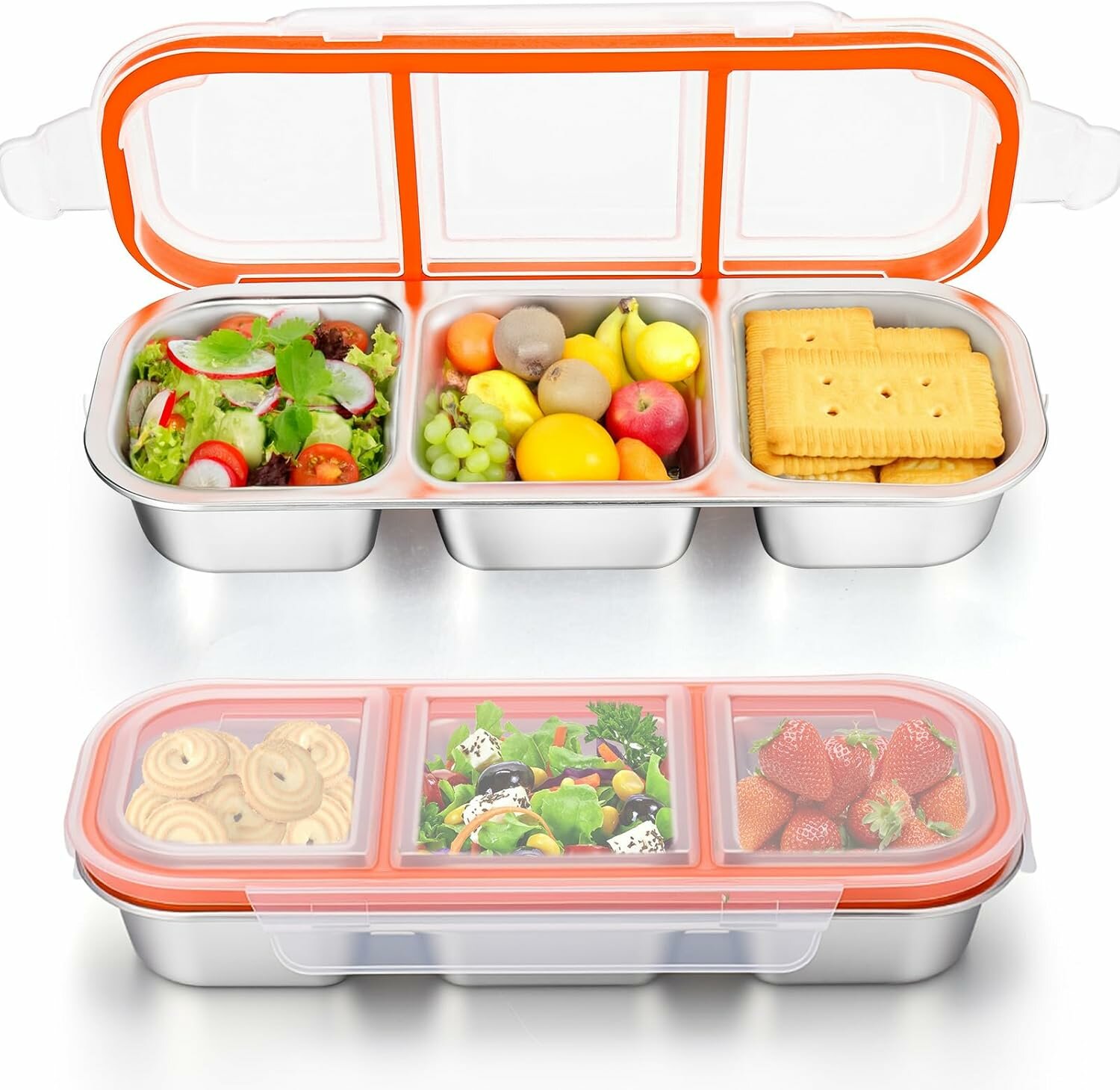 Палкский контейнер с закуски из нержавеющей стали, контейнеры для закусок многоразового использования с крышками, 3 отделения для хранения продуктов питания для школы, дома, путешествия