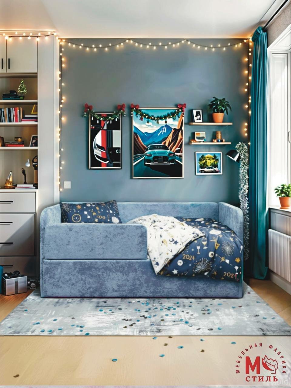 Кровать детская мягкая М-Стиль "Непоседа" 160х80 голубая, прямая, с защитным бортиком, кровать детская от 3 лет