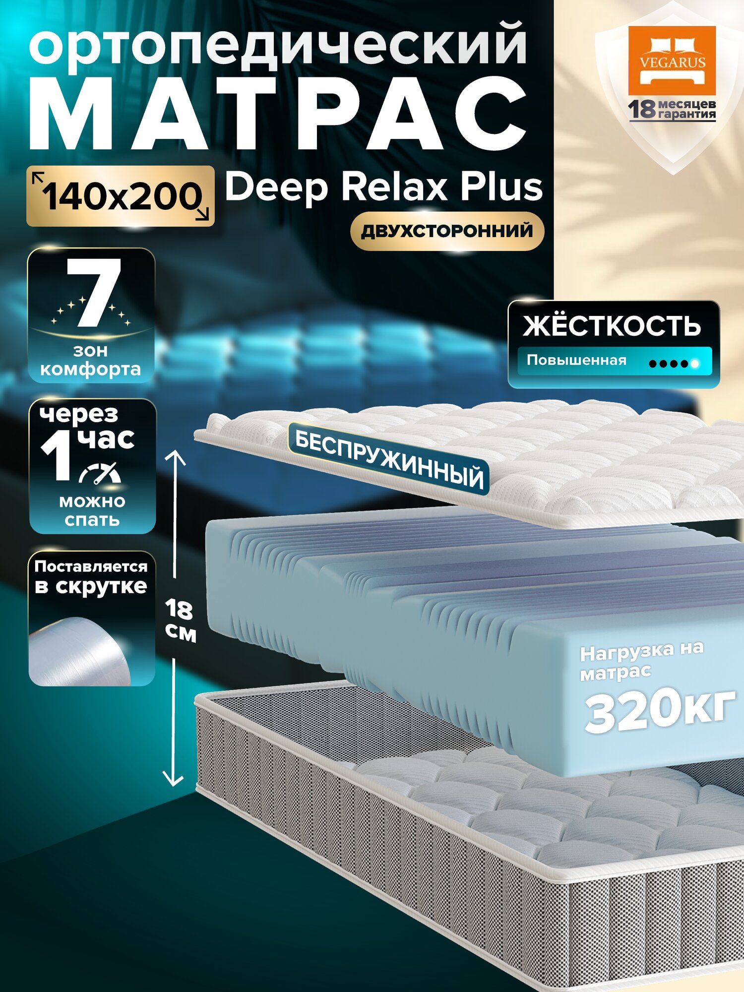 Матрас 140×200 на кровать, беспружинный, ортопедический, Deep Relax Plus