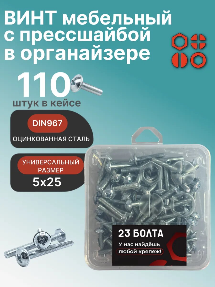 Винт с прессшайбой 5х25 DIN967 в органайзере, 110 шт