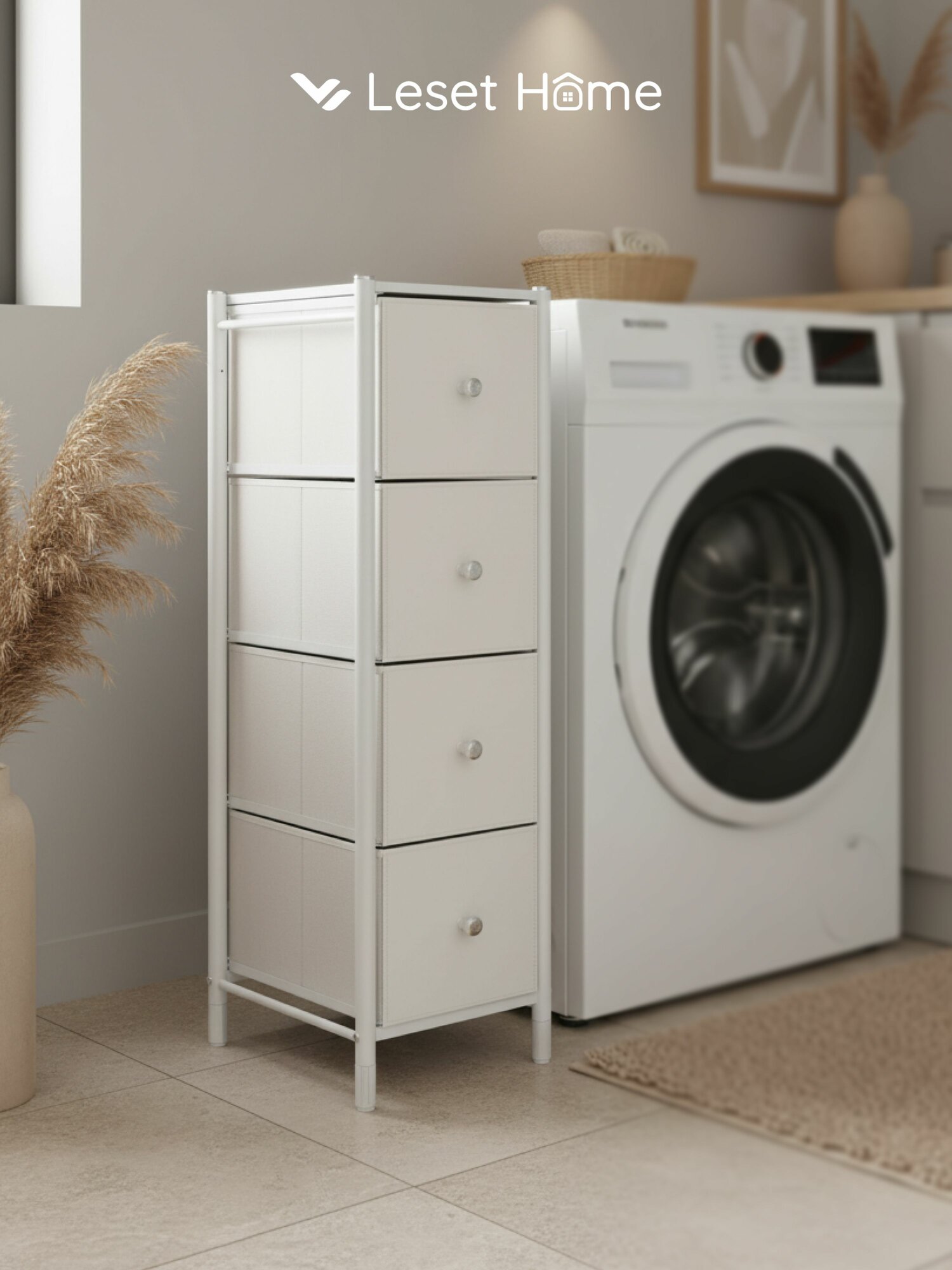 Комод для хранения Leset Нирита узкий, 4 ящика, в ванну, прихожую, гостиную, каркас металлический Белый, фасад экокожа