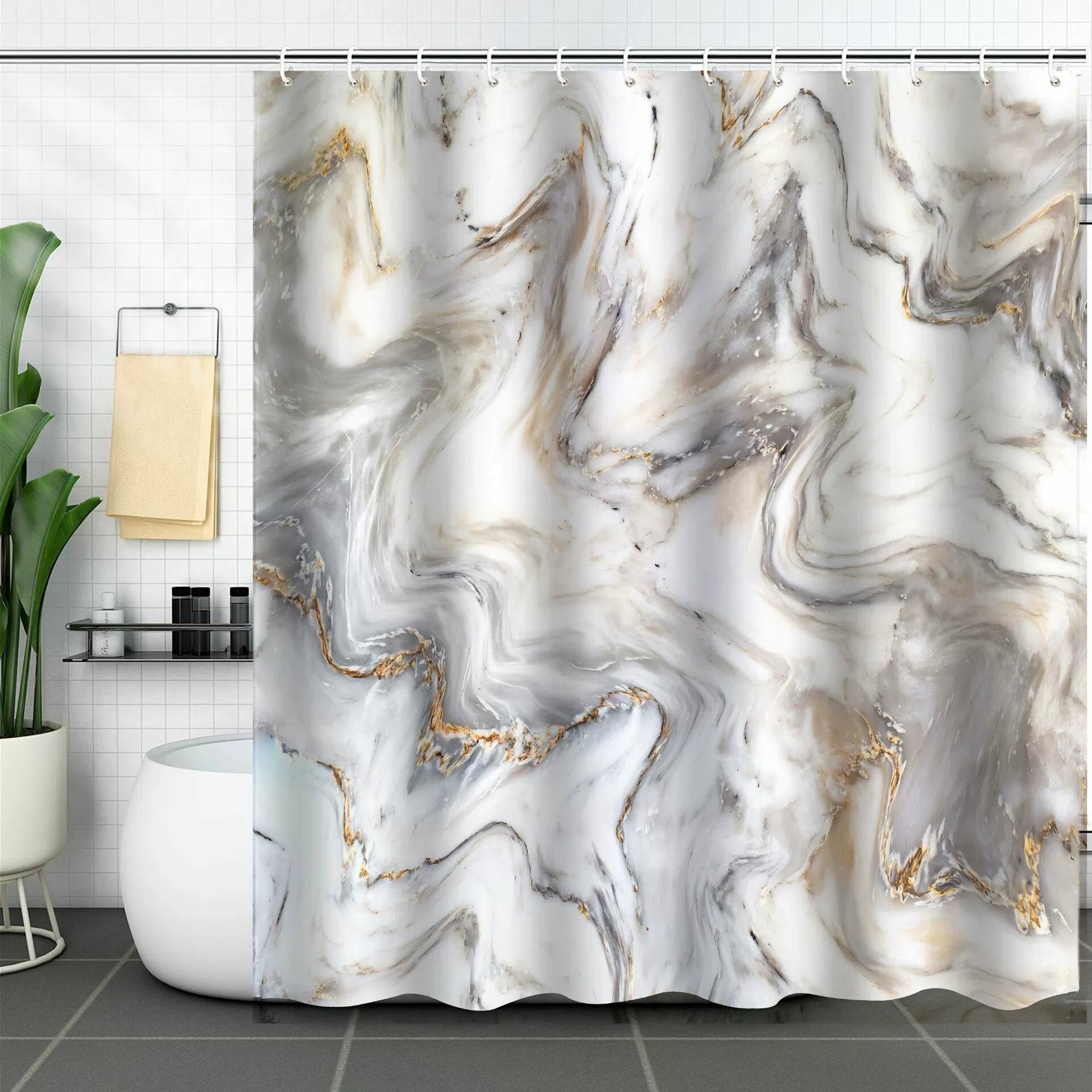 Штора для ванной Marble тканевая 180х150. Шторка, занавеска в ванную комнату с 12 крючков типа C