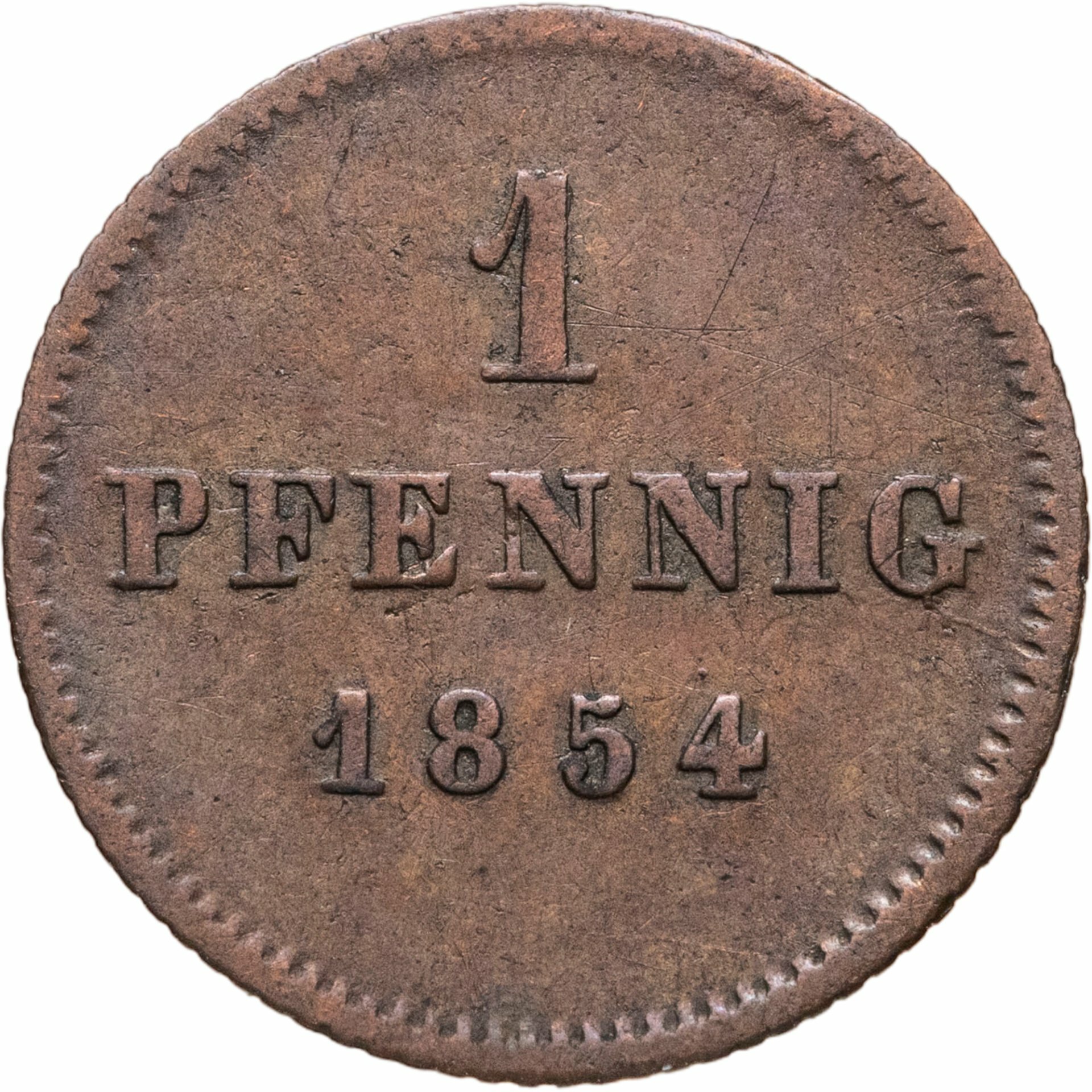 Бавария 1 пфенниг 1854, Медь, в сохранности VF