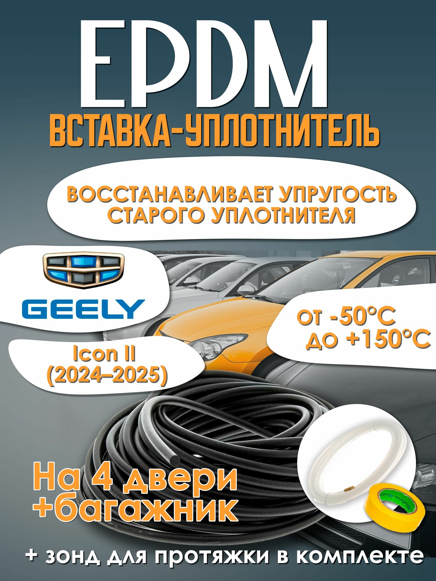 EPDM вставка-уплотнитель для дверей автомобиля Geely Icon II (2024-2025) / Джили Айкон 2 поколение