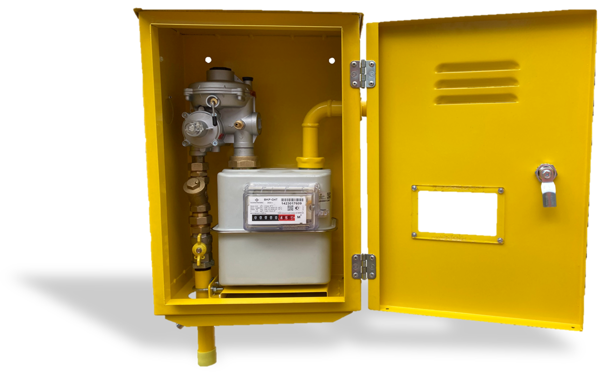 Домовой регуляторный пункт учёта расхода газа волга-газ ДРП-1 исполнение 3, желтый, 25 м3/ч со счетчиком газа ВКР-G4T