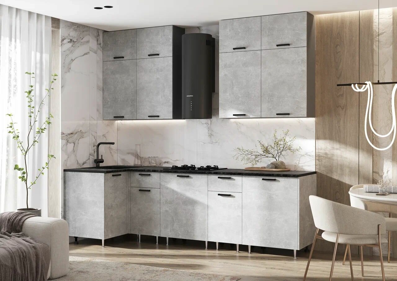 Кухня Рио NEW 1,0х2,6 м. Компоновка №3 Бетон светлый, Графит