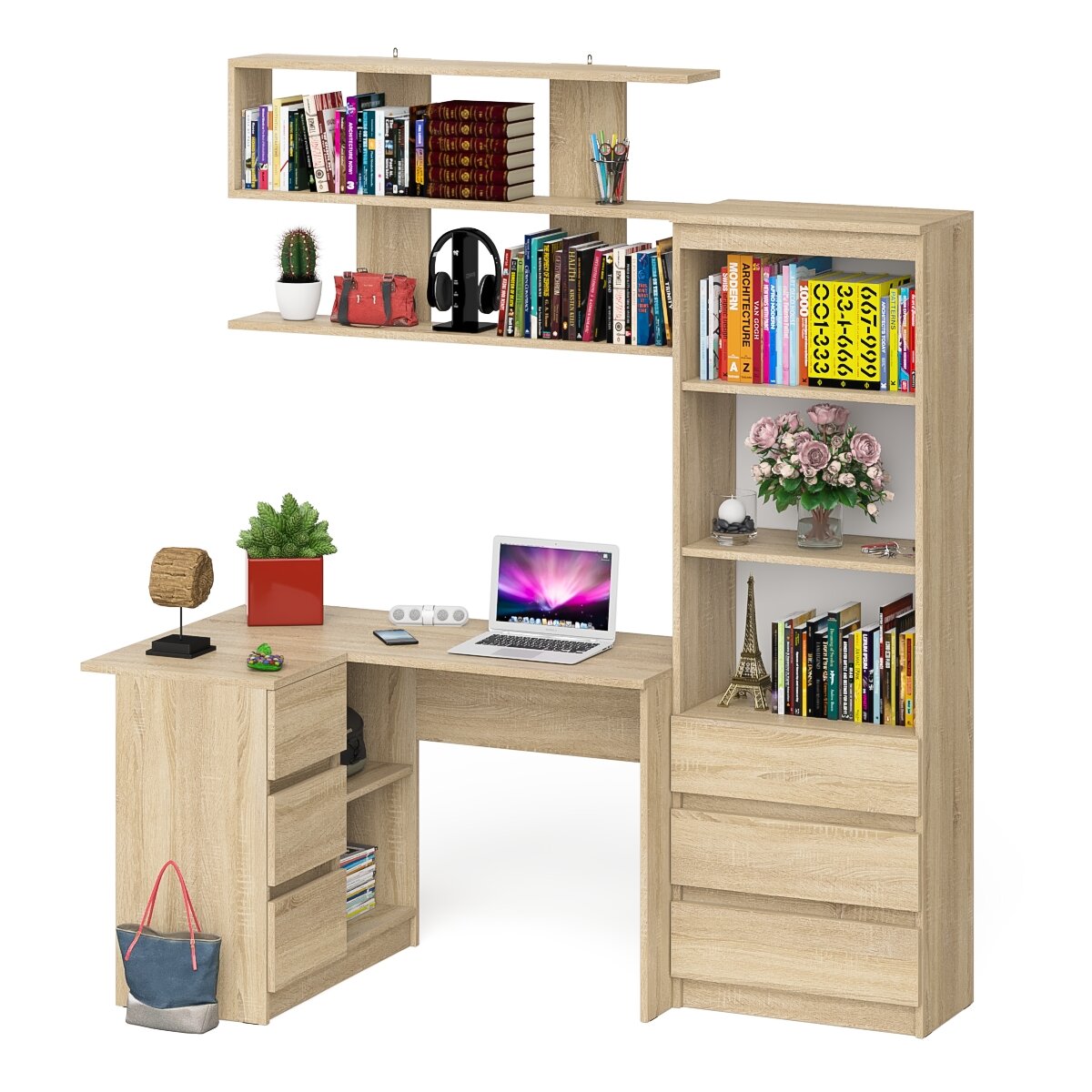 Уголок школьника с угловым столом и полкой и стелажом Мори, дуб сонома, 184,8х84,9х209,6 см.